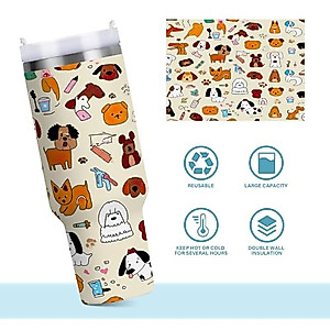 RPLIFE Cartoonish Dog Breeds Beige Stainless Steel Cup, Insulated Coffee Cups with Lids, Coffee Tumbler for Women