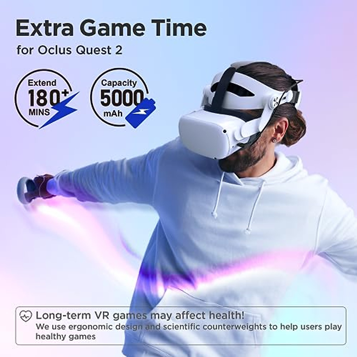 YOGES Head Strap with Battery Compatible for Oculus Quest 2, Rechargeable 5000mAh Headstrap for Enhanced Comfort and Playtime in VR, Immersion VR Accessories Compatible with Meta Quest 2
