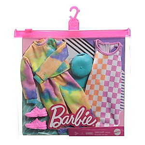 Barbie Fashions 2-Pack Clothing Set, 2 Outfits Doll Include Tie-Dye Joggers & Sweatshirt, Checked Dress, Blue Cap & Pink Sneakers, Gift for Kids 3 to 8 Years Old