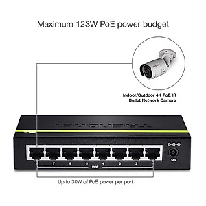 TRENDnet 8-Port Gigabit PoE+ Switch, 123 W PoE Power Budget, 16 Gbps Switching Capacity, Metal housing, TPE-TG80G, V3.0R (Renewed)