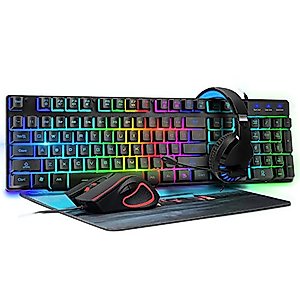 Gaming Keyboard Mouse and Headset with mic Combo USB Wired RGB Backlit Gamer Bundle Compatible with PC Windows 7/8/10/11 Xbox one PS4 PS5(Black)