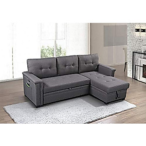 ERYE L-Shaped Corner Sleeper Sectional Couch Bed Linen Upholstery Sofa w/Reversible Storage Chaise,USB Charging Ports and Side Pocket for Home Apartment Office Living Room Furniture Sets, Dark Gray