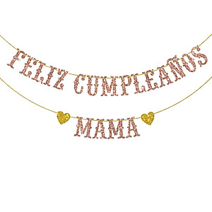 Helewilk Feliz Cumpleaños Mama Banner/Spanish Happy Birthday Mom Banner/Mexican Fiesta Theme Mom' Birthday Mother's Day Party Decorations/Rose Gold Glitter