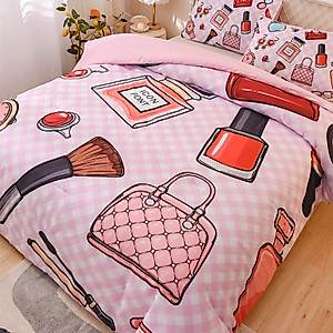 Aimuan Fashion Girl Comforter Sets Cosmetic Perfume Bag Lipstick Diva Pink Quilt Set Nail Polish Pattern Decorative Quilted 3 Pcs Makeup Bedding Set with 2 Pillowcases (Pink, Twin)
