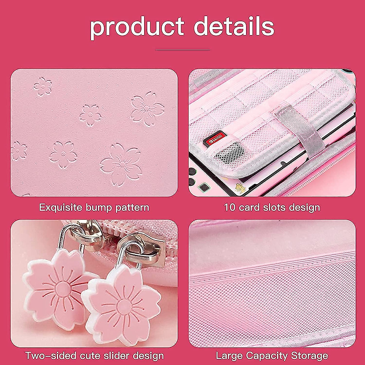 HLRAO Pink Bag Compatible with Nintendo Switch(NOT OLED/Lite), Sakura-Design Shell, Solid Portable Storage Bag, Shockproof, with HD Glass Screen Protector, and 4 Sakura Thumb Grip Caps.