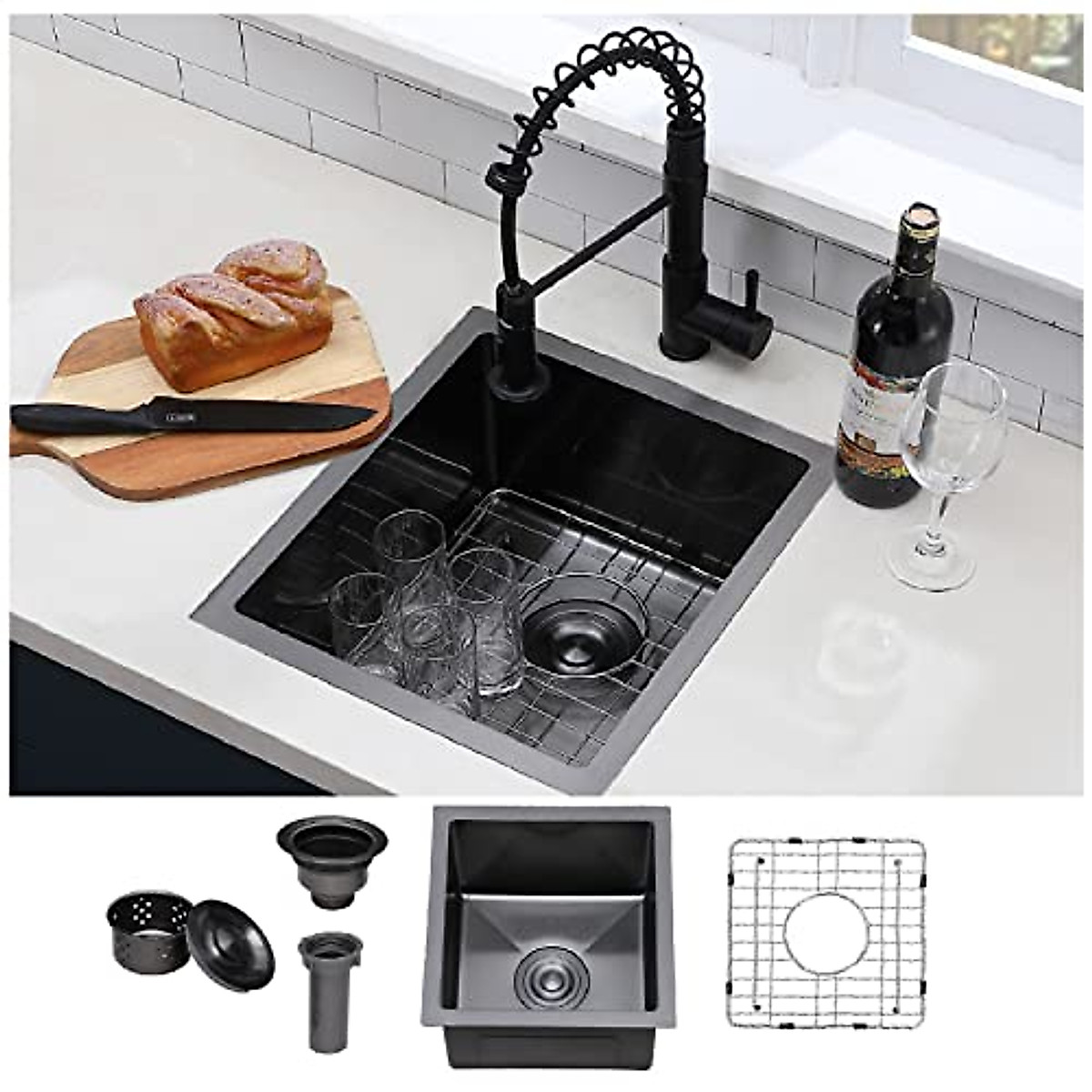 VCCUCINE Black Bar Sink, 15x17 Inch Small Bar Sink,Undermount Wet Bar Sink Small Rv Sink, T-304 Stainless Steel Kitchen Sink with Sink Protector and Drain Assembly…