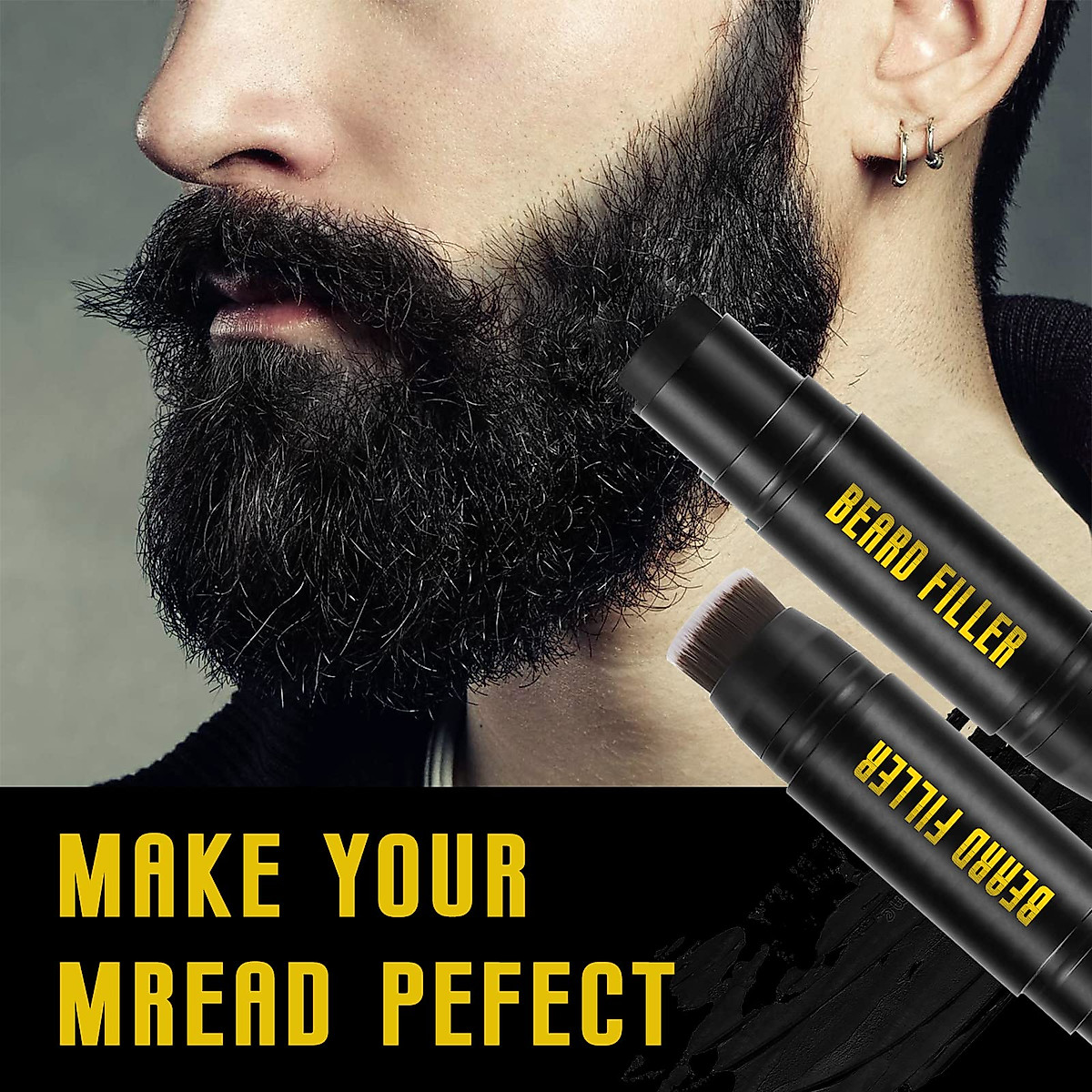 NewBang Beard Filler, 2-in-1 Filling Stick and Brush for Men, Waterproof Long-Lasting Natural Finish, Enhances Facial Hair and Moustache Makeup - Black