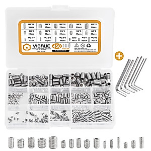 VIGRUE 450PCS M2.5/M3/M4/M5/M6/M8 Hex Allen Head Socket Set Screw Bolts Assortment Kit Grub Screw with Internal Hex Drive, 304 Stainless Steel