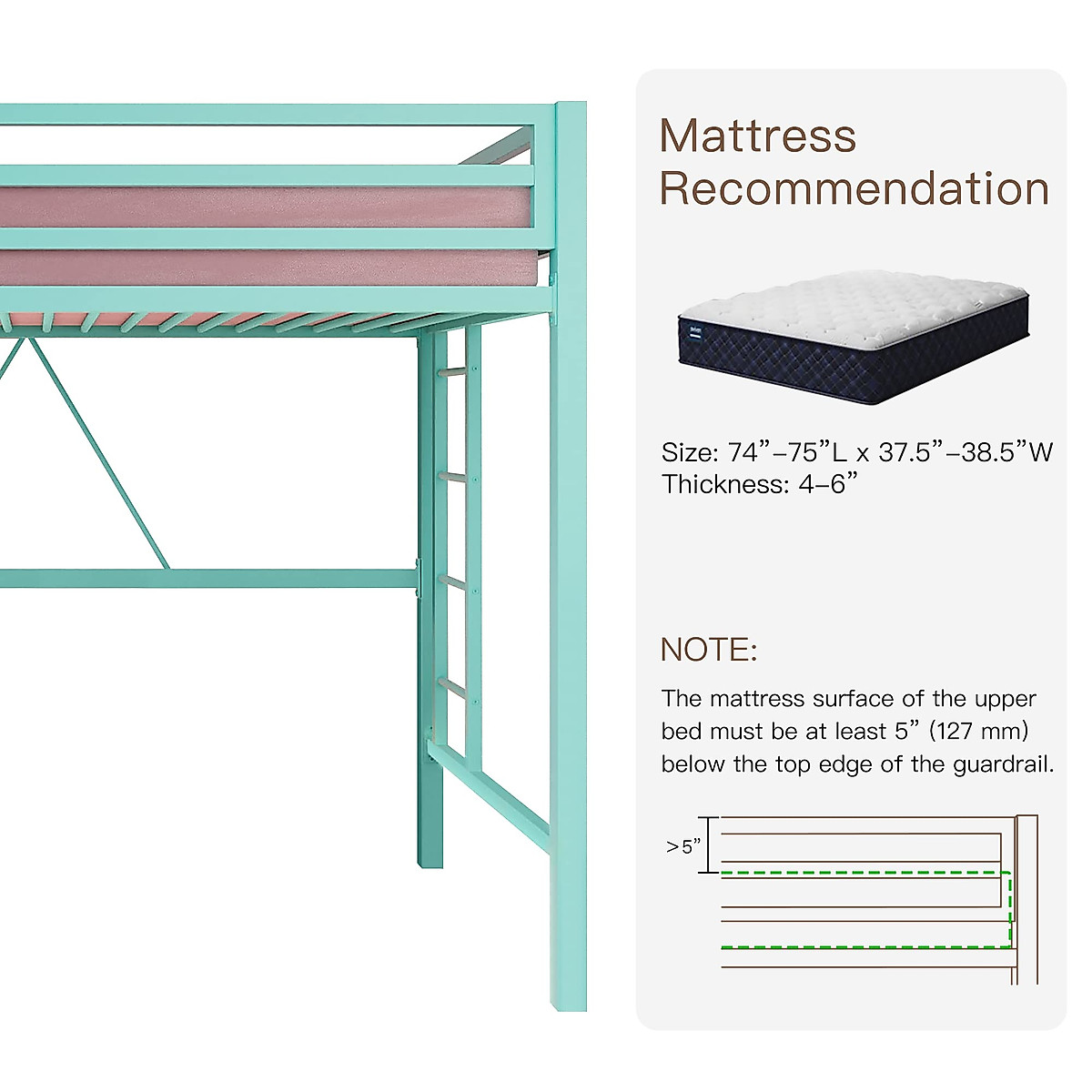 ikalido Metal Loft Bed Twin Size with Safety Guardrail and Ladder, No Box Spring Needed Space Saving Bedroom Furniture, Aqua Green