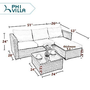 PHI VILLA Outdoor Patio Rattan Sectional Sofa- Small Patio Wicker Furniture Sofa Set 3-Piece, Red