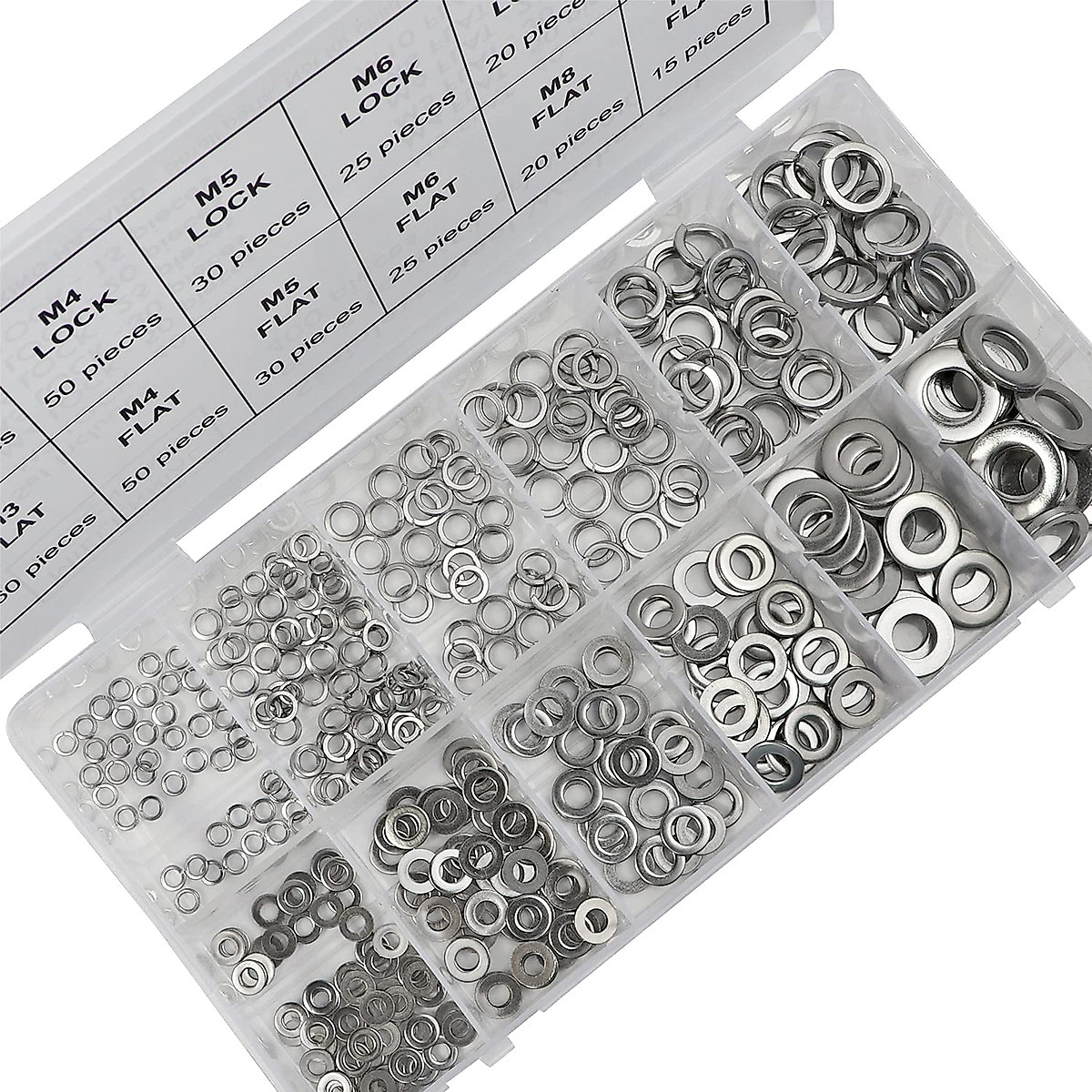 Split Lock and Flat Washer Assortment Set 304 Stainless Steel 400 Piece Silver, M3 M4 M5 M6 M8 M10 (Silver)