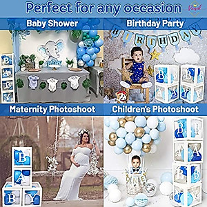 82PCS Baby Shower Decorations For Boy Kit - Jumbo Transparent Baby Block Balloon Box Includes BABY, Alphabet Letters DYI, White Gray Baby Blue Balloons, Gender Reveal Decor 1st Birthday Party Backdrop