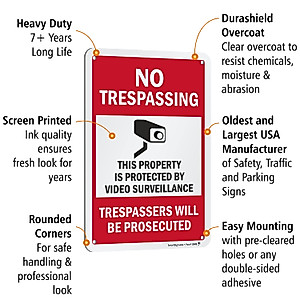 SmartSign "No Trespassing - This Property is Protected by Video Surveillance" Sign | 7" x 10" Aluminum