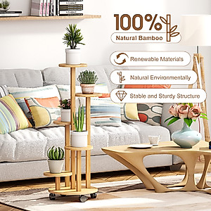 FILWH Plant Stand For Outdoor Indoor Tall Bamboo Movable Flower Stand With Wheels Plant Shelf Pot Holder Plants Corner Display Rack Multiple Planter For Living Room Balcony Garden Patio (Natural)