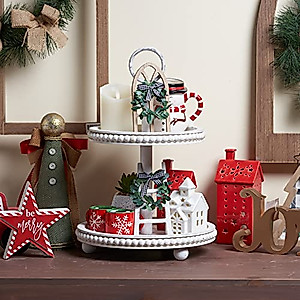 GenMous & Co. Rustic Wood Beaded 2 Tiered Tray Stand For Farmhouse Kitchen Table Decor, Rustic White Two Tiered Serving Tray For Food Fruits Cupcakes Display Coffee Bar Home Party Seasonal Decorations