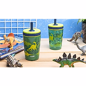 Zak Designs Dino Camo Kelso Tumbler 3pc Set, Leak-Proof Screw-On Lid with Straw, Bundle for Kids Includes Plastic and Stainless Steel Cups with Additional Sipper, 15 fluid ounces