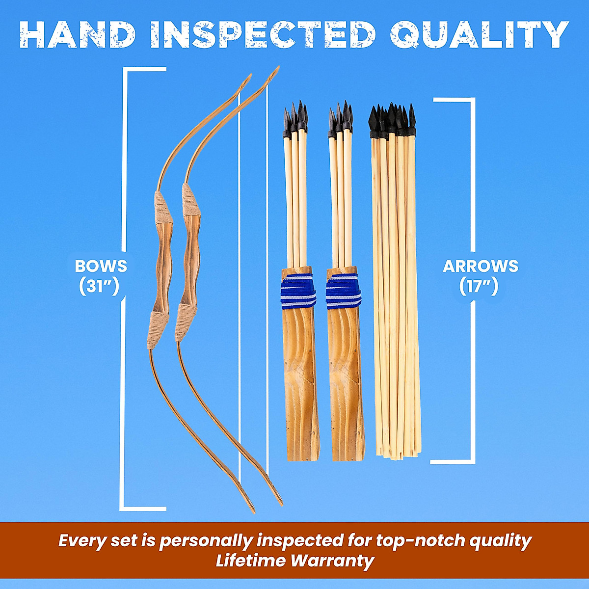 Adventure Awaits - 2-Pack Handmade Wooden Bow and Arrow Set - 20 Wood Arrows and 2 Quivers - for Outdoor Play