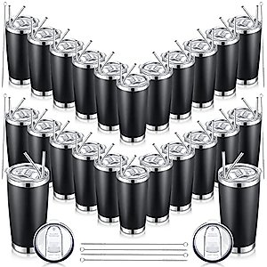 SEEWEY 24 Pack Insulated Travel Tumblers 20oz Tumbler Double Wall Vacuum Travel Mug with Lid and Straw Stainless Steel Double Wall Coffee Cups Powder Coated Coffee Mug for Cold and Hot Drinks (Black)