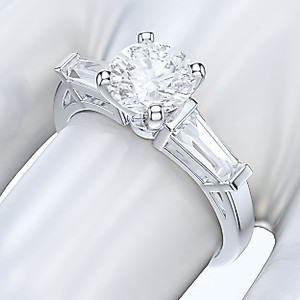 PRSTANI 10K White Gold Tapered Baguette Side Stones 1CT Simulated Round Brilliant Cut Diamond Engagement Ring (7)