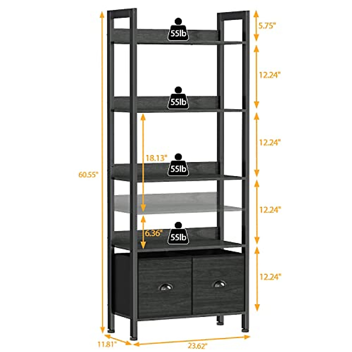 Furologee 5-Tier Bookshelf, Tall Bookcase with 2 Storage Drawers, Industrial Display Standing Shelf Units, Wood and Metal Storage Shelf for Living Room, Bedroom, Home Office, Black Oak