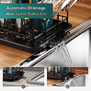 iSPECLE Dish Drying Rack - 2 Tier Small Dish Racks for Kitchen Counter with Glass Holder, Utensil Holder and Drainboard, Small Dish Dryer Rack, Multifunctional Dish Drainer, Black
