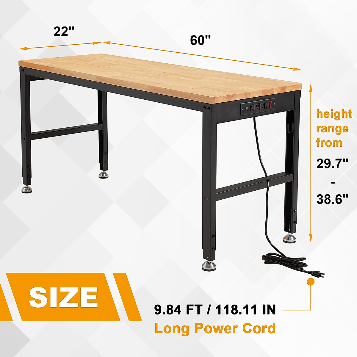 HABUTWAY Height Adjustable Workbench 60" 2000 Lbs Capacity Oak Wood Work Station Heavy-Duty Work Tables with Power Outlets for Garage Party Shop Office