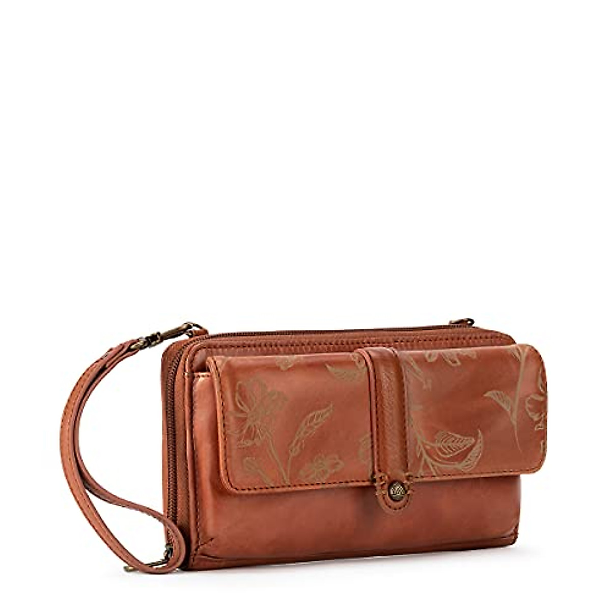 The Sak Sequoia Leather Smartphone Flap Crossbody, Chestnut Floral Etch