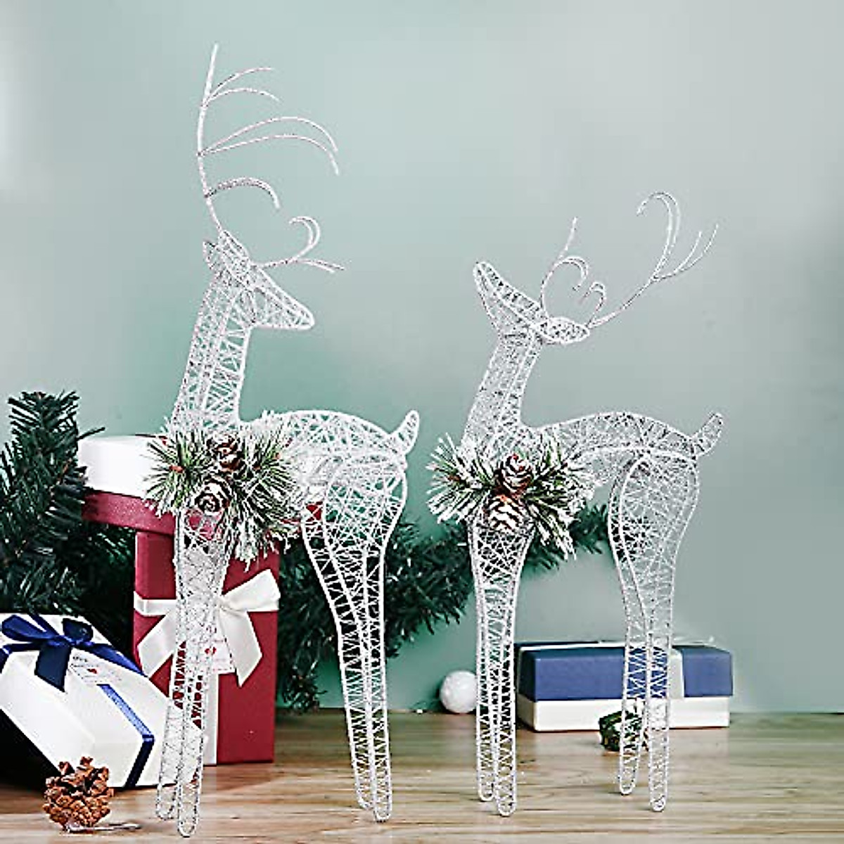 ZHANYIGY 2pc Set White Pinecone Rattan Silver Thread String Christmas Reindeer Figurine Table Desk Decorations Glittering Xmas Holiday Party Supply