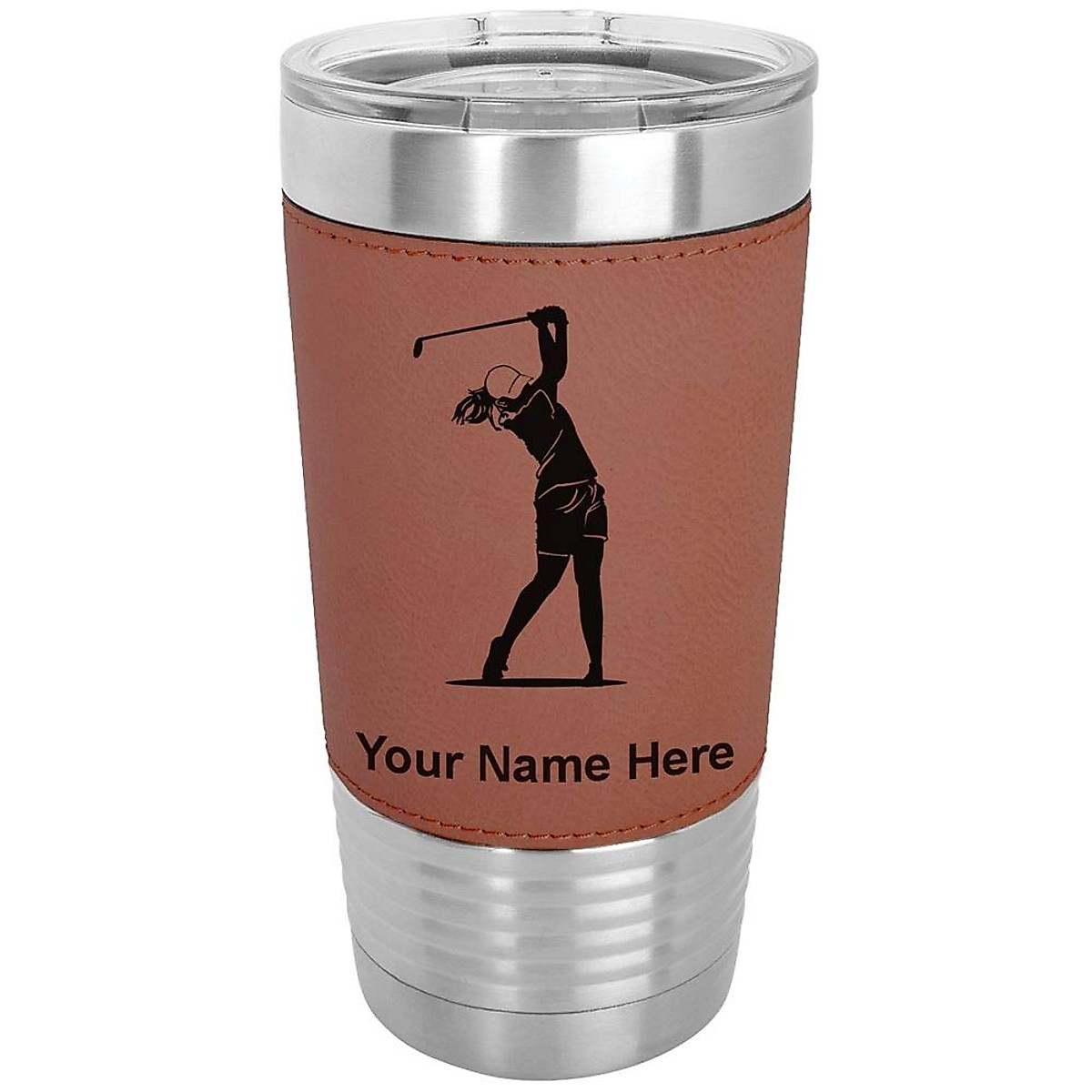 LaserGram 20oz Vacuum Insulated Tumbler Mug, Golfer Woman, Personalized Engraving Included (Faux Leather, Dark Brown)