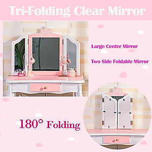 GAOMON Kids Vanity, Girls Vanity Table with Tri-Folding Mirror,Stool & Drawer, 2 in 1 Wooden Princess Makeup Desk Dressing Table, Toddler Vanity,Pretend Play Vanity Set for Kids