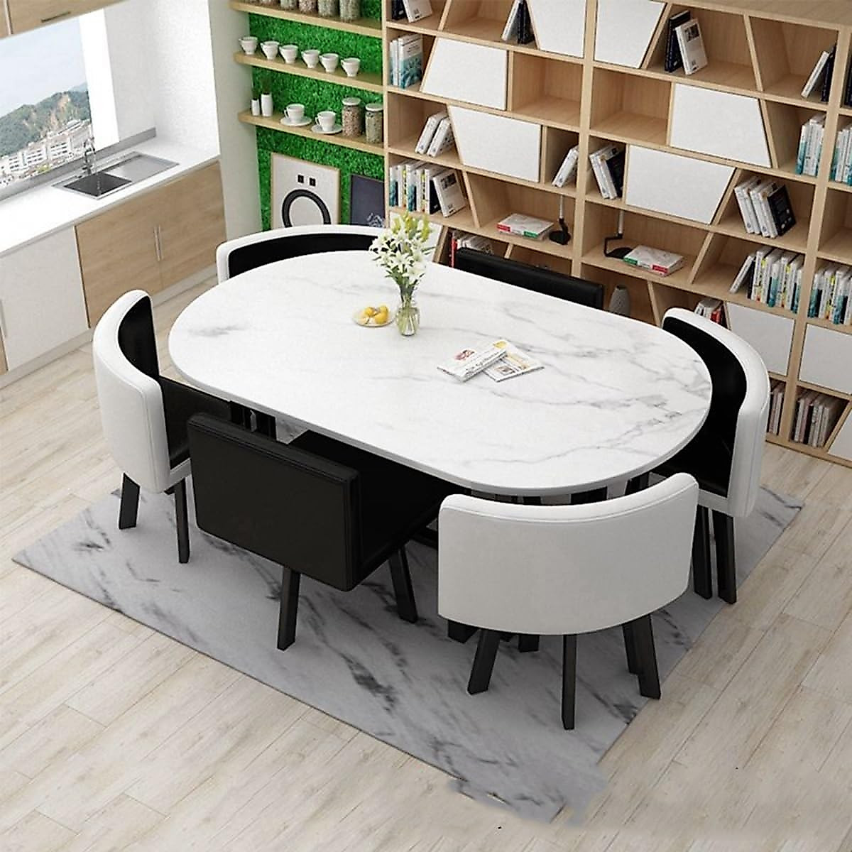 MAxba 90 * 150cm Oval Conference Dining Table and 6 Chairs Business Office Reception Table Set,PU seat Surface,Wooden Table top,Metal Frame(Black)