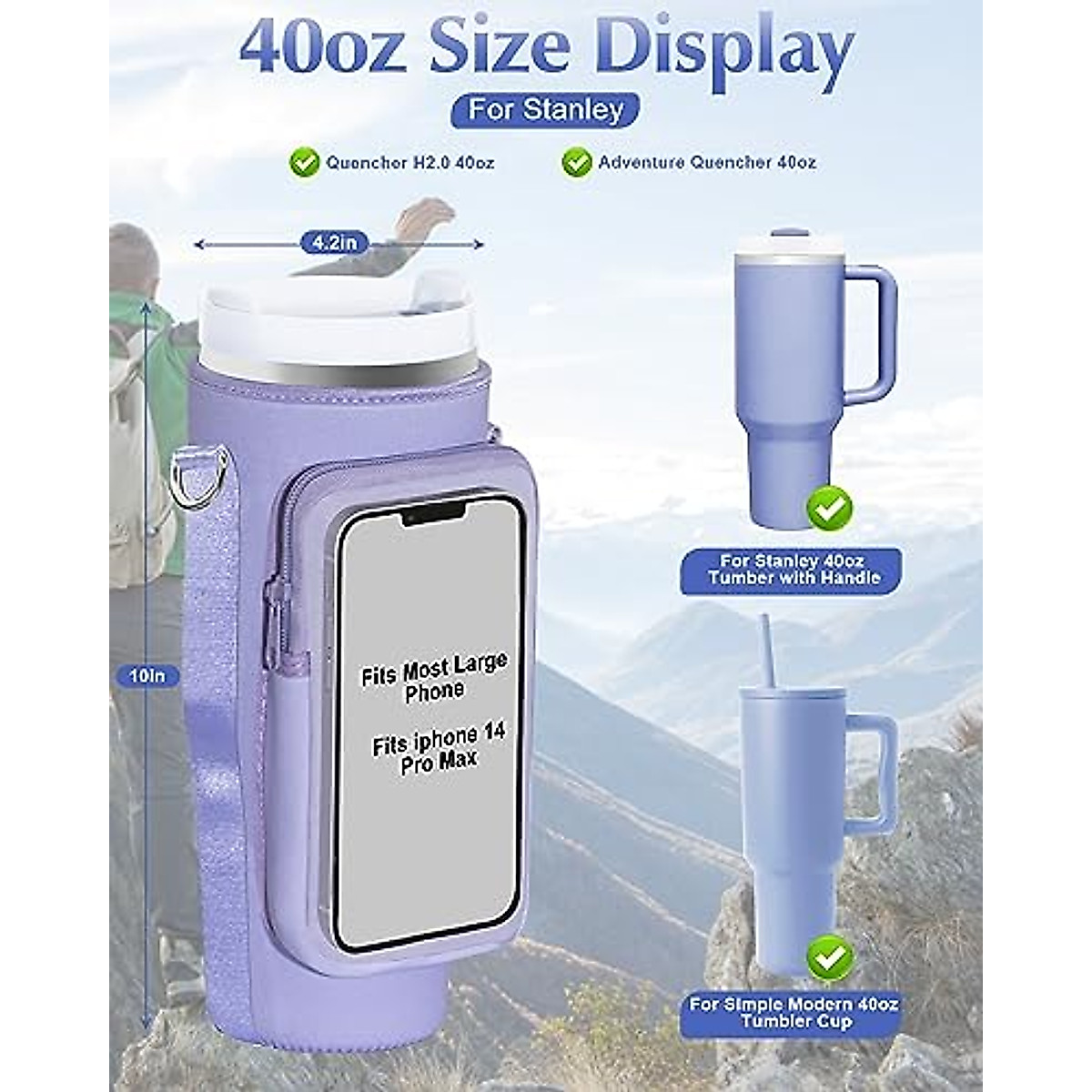 OriJoy Water Bottle Carrier Holder Pouch with Phone Pocket for Stanley Quencher H2.0 & Adventure 40 oz Tumbler, Protector Sleeve with Strap