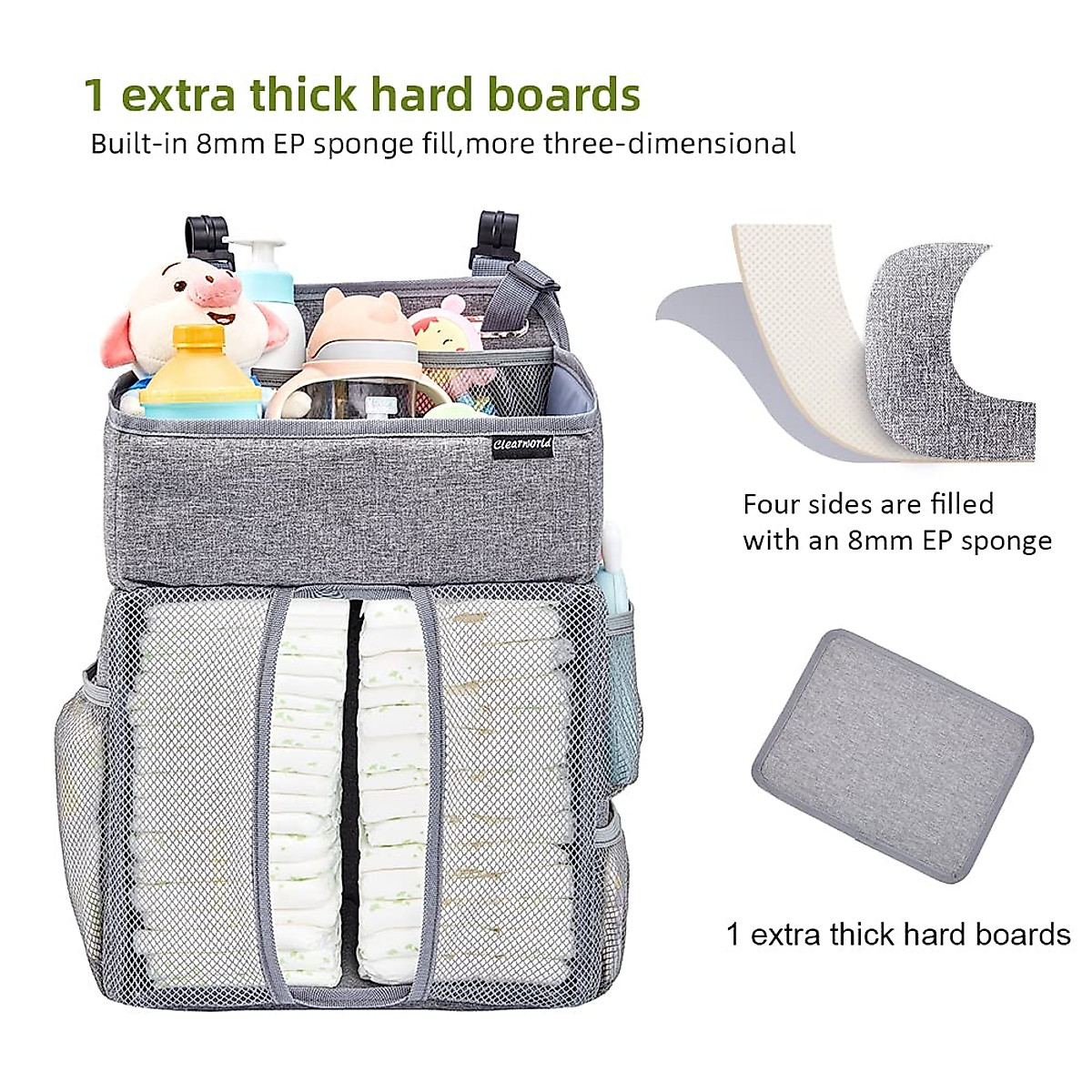 Clearworld Hanging Diaper Caddy Organizer,Diaper Stacker and Crib Organizer,Upgrade Thicken Nursery Organizer for Changing Table, Crib, Wall & Bassinet, Baby Essentials Storage (Gray)