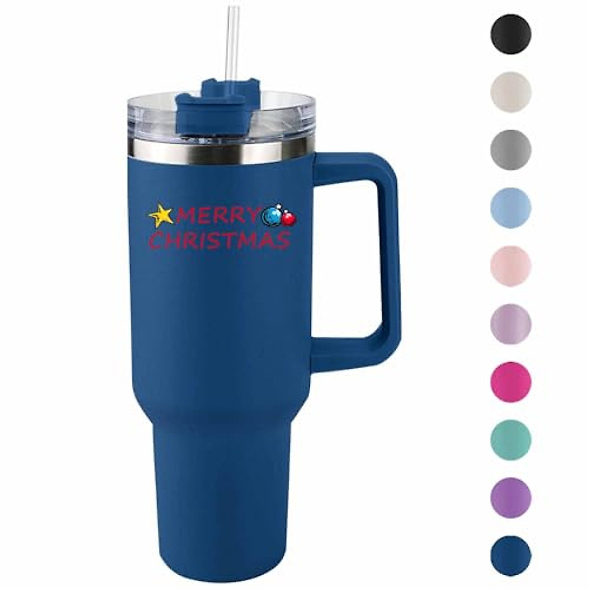 LB LEOBON 40 ounce insulated cup with handle, double-layer vacuum stainless steel material, equipped with straw, can keep warm or maintain cold drinks Merry Christmas Stars Balls Cowboy Blue