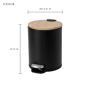 ACENTO Round Soft-Close Step On Bathroom Wastebin, 1.3 Gallon Trash Can with Premium Pedal and Bamboo lid (Matte Black and Natural Bamboo)