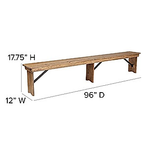 Flash Furniture Hercules Commercial Grade Farmhouse 3 Leg Bench - Solid Pine Foldable Bench with Seating for 4 - 8'x12" - Antique Rustic