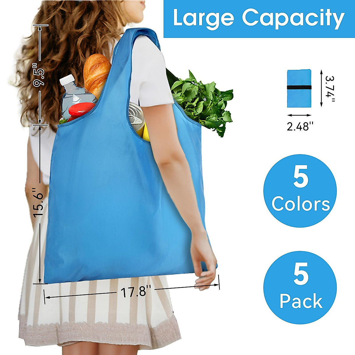 MOWPOG Reusable Grocery Bags, Extra Large Shopping Bags, Colorful Heavy Duty Tote Bag with Handle, Washable Foldable Polyester (5, Red, Orange, Green, Blue, Purple)