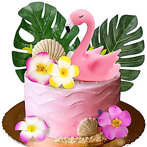 Mity rain 7pcs Flamingo Cake Toppers, Flamingo Palm Leaves Hibiscus Flowers Hawaiian Luau Cake Decorations for Tropical Theme Birthday Party Supplies