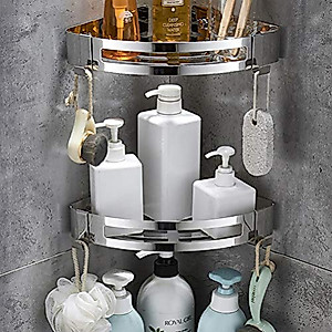 DOITOOL 2pcs Bathroom Storage Rack with Hooks Decorative Stainless Steel Wall Mounted Punch Free Floating Shelf Holder for Bathroom Kitchen Silver 30X22cm