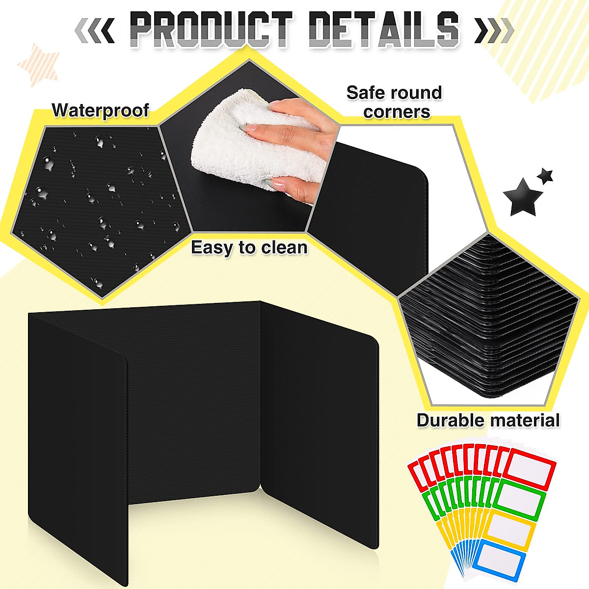 Classroom Privacy Boards for Student Desks Plastic Folders Shields Test Dividers with 40 Pieces Colorful Name Labels for School Study Reduces Distractions 14 x 17.3 x 14 Inch, Black (30 Pieces)