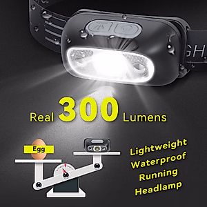 Rechargeable Headlamp for Adults with 300 Lumens USB Head Lamp with Lightweight Design(0.08 LB), IPX4 LED Sensor Headlamps for Running Camping Reading with Long Run Time (Black & White) - 2 Pack