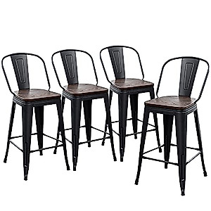 Yongqiang 26" Bar Stools Set of 4 High Back Metal Counter Height Chairs Barstools with Wooden Seat Industrial Matte Black