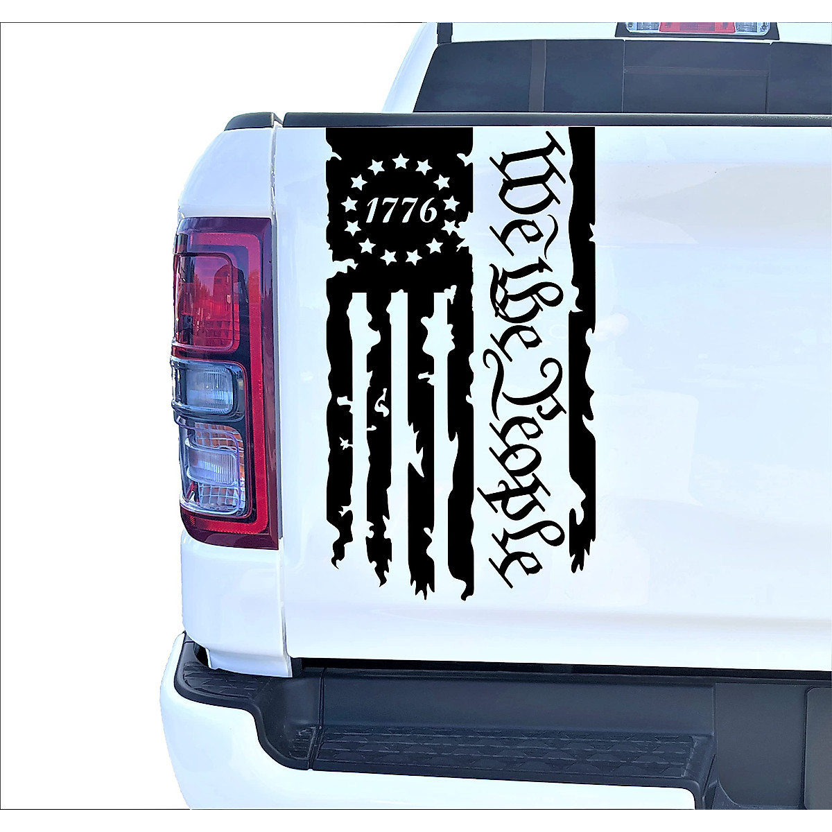 We The People Betsy Ross Flag 1776 Distressed American USA US Flag Truck Tailgate Vinyl Decal - 2 Pack - Stickers Preamble of The US Constitution fits Most Pickup Trucks (10" x 18", Matte Black)