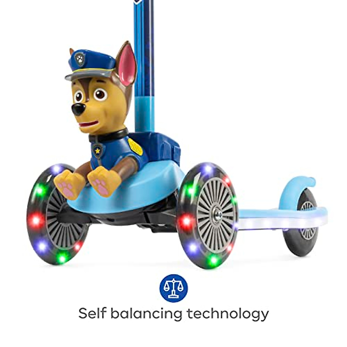 Paw Patrol Chase Kick Scooter for Kids, Self-Balancing 3 Wheeled Light Up Scooter with Extra Wide Anti-Slip Deck, Rear Brake, Lean to Steer, Lightweight Design, for Kids 3 and up, 75 LB Limit