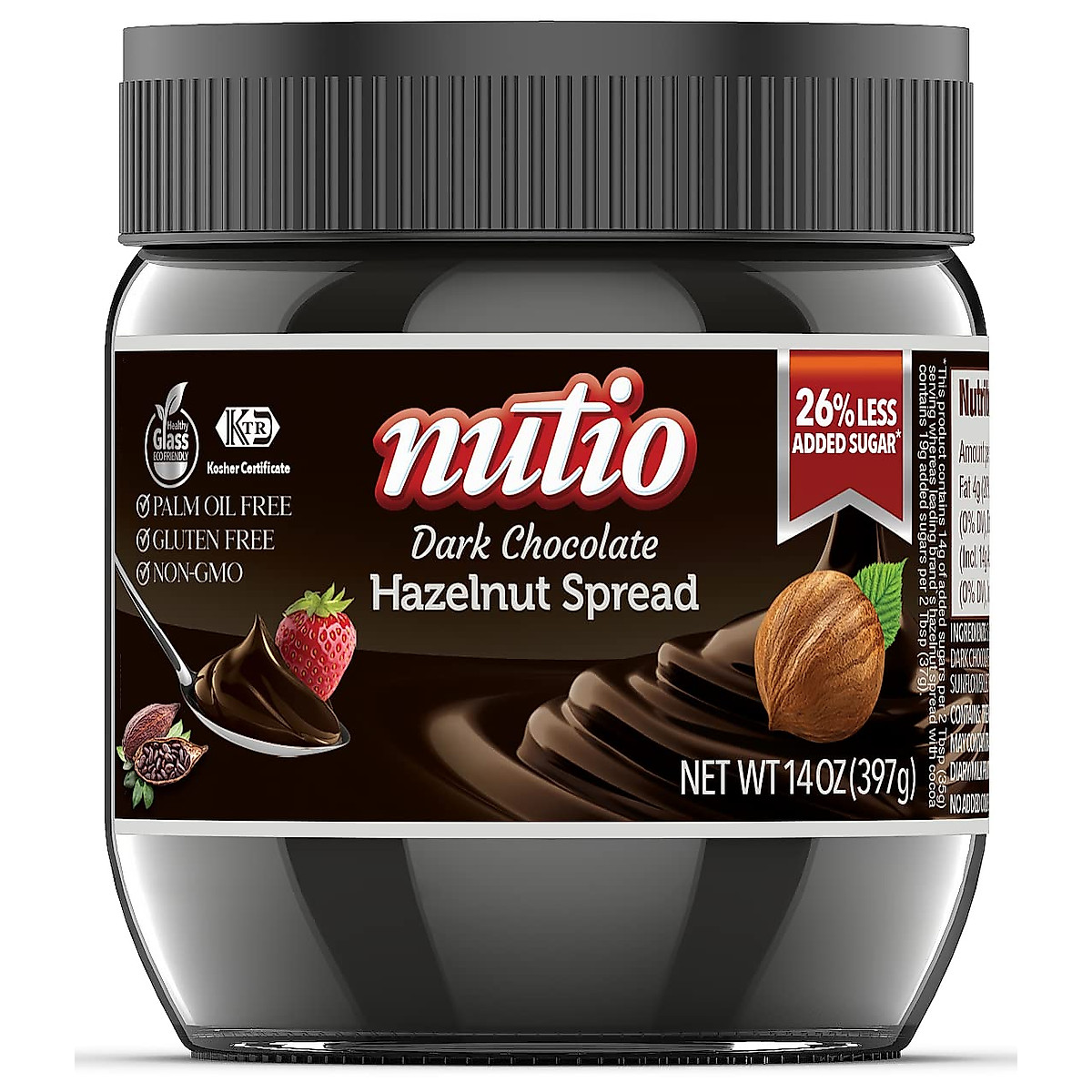 Nutio Dark Chocolate Hazelnut Spread - 26% Less Added Sugar, Palm Oil Free, Gluten Free, Non-GMO - 14 oz Glass Jar