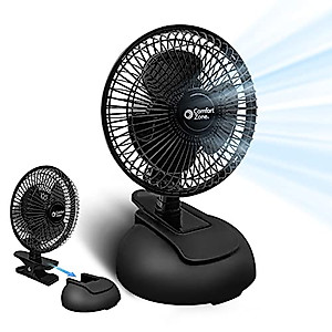 Comfort Zone CZ6XMBK 6” 2-Speed Combo Clip or Desk Fan with Removable Base, Strong Clamp for Firm Grip, Suitable for Bedroom, Office, or Dorm Room, Black