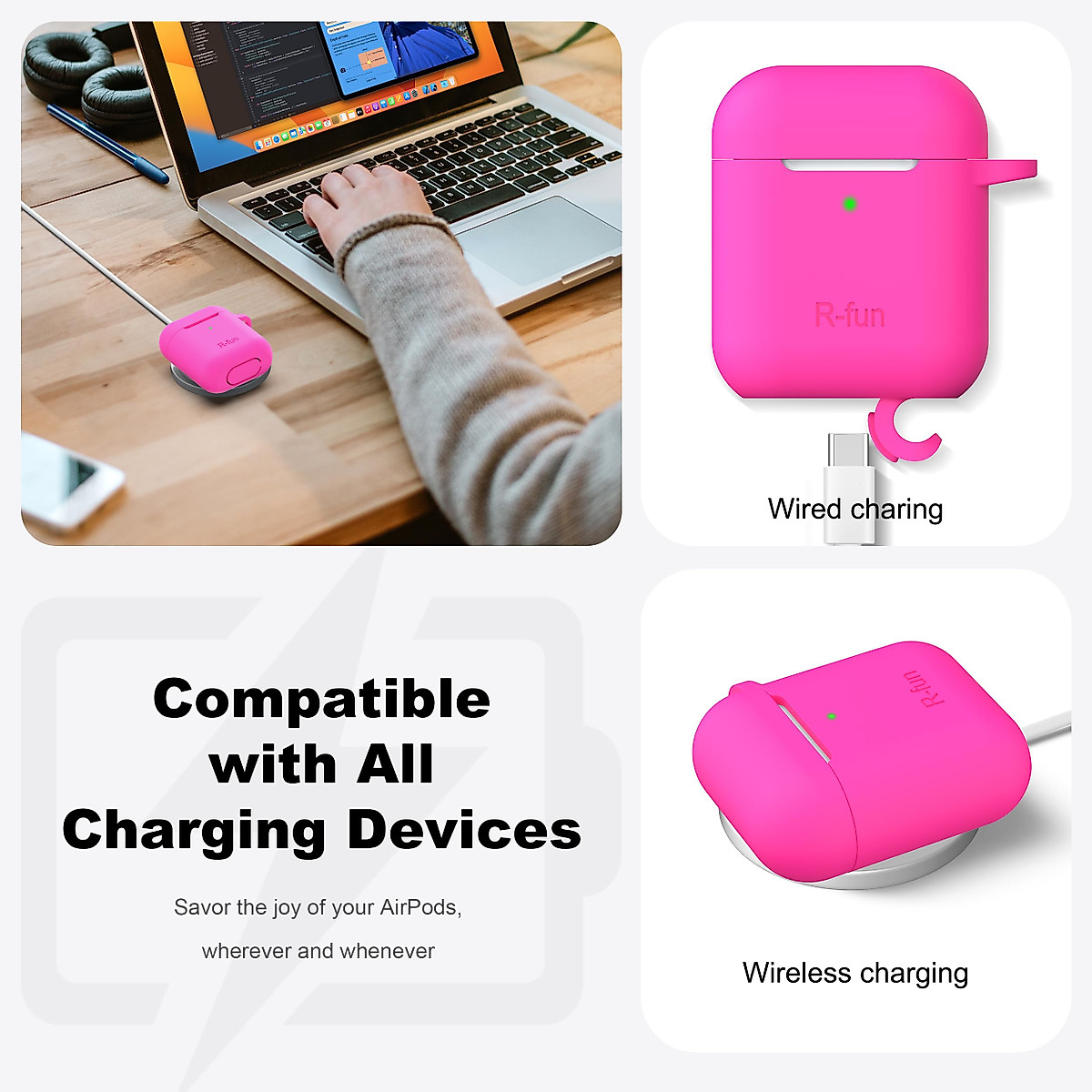 R-fun Compatible with AirPods Case Cover, Soft Silicone Protective Cover with Keychain for Women Men Compatible with Apple AirPods 2nd 1st Generation Charging Case, Front LED Visible,Rose Pink