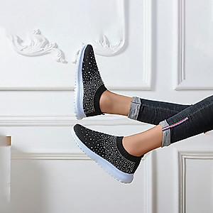 Holibanna Rhinestone Slip On Sneakers Breathable Sock Shoes Mesh Walking Running Sports Shoes Black