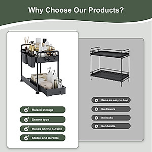 BAYANKHAR Under Sink Organizers and Storage, Multi-purpose Bathroom Organizer Under Sink, 2 Tier Under Kitchen Sink Organizer Sliding Cabinet organizer Basket with Hooks,Hanging Cup,Black,2 Pack