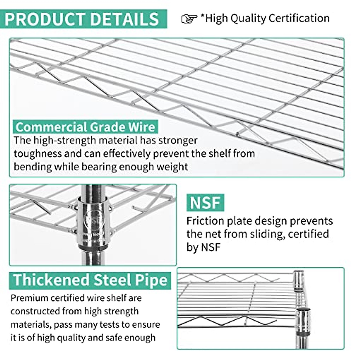 XXkseh 5 Tier Storage Shelves Wire Shelving Unit Adjustable Metal Shelf Heavy Duty Garage Storage Rack Wire Shelves Display Rack for Laundry Livingroom Kitchen, 16.7" L×11.8" W×47.6" H, Chrome